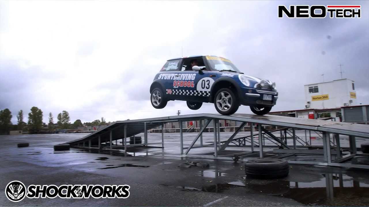 BMW Mini cooper stunt car jumping testing with Shockworks & Neotech ...