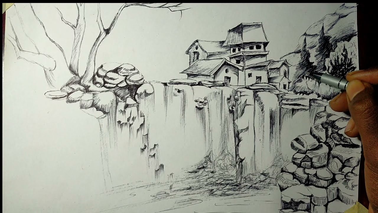 scenery drawing by pen and ink/easy drawing like printer/ pen and ink ...