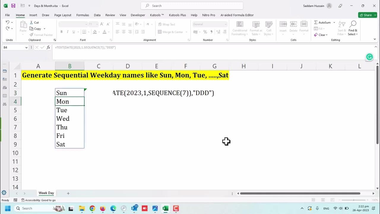Generate Sequential Weekday names like Sun, Mon, Tue, .....,Sat URDU/Hindi "Days of the Week ...