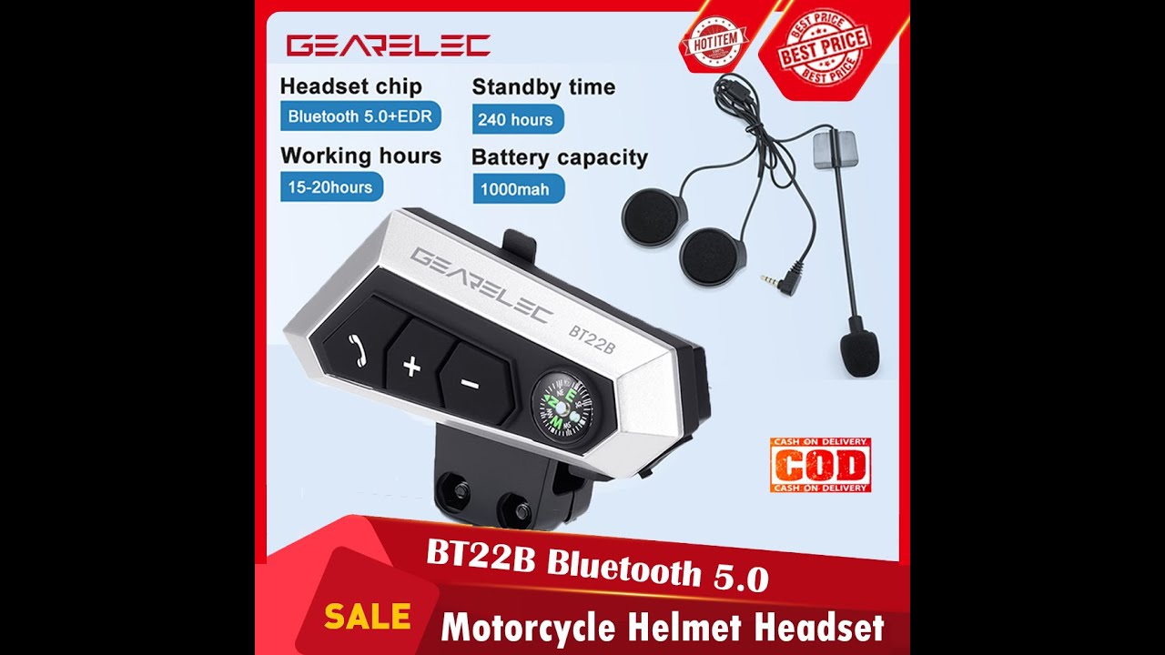 GEARELEC BT22B Motorcycle Helmet Bluetooth Headset - YouTube