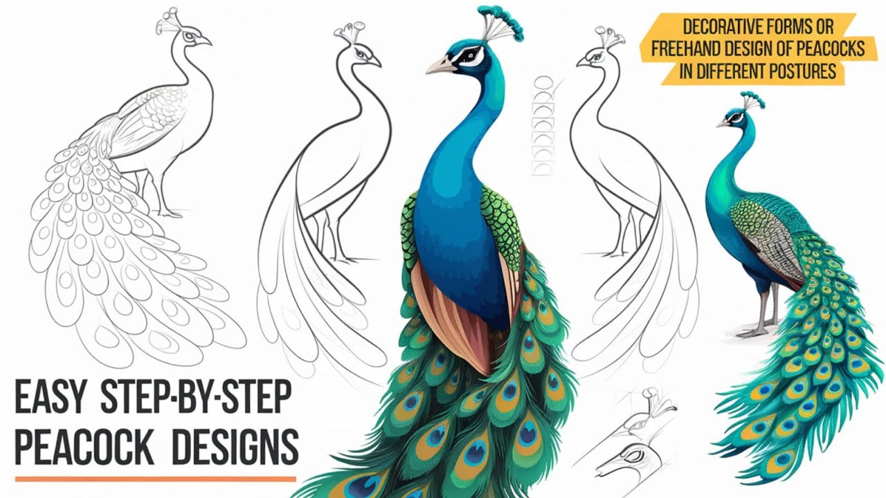 Easy Peacock Drawing Tutorial | Step-by-Step Freehand Designs | Drawing ...