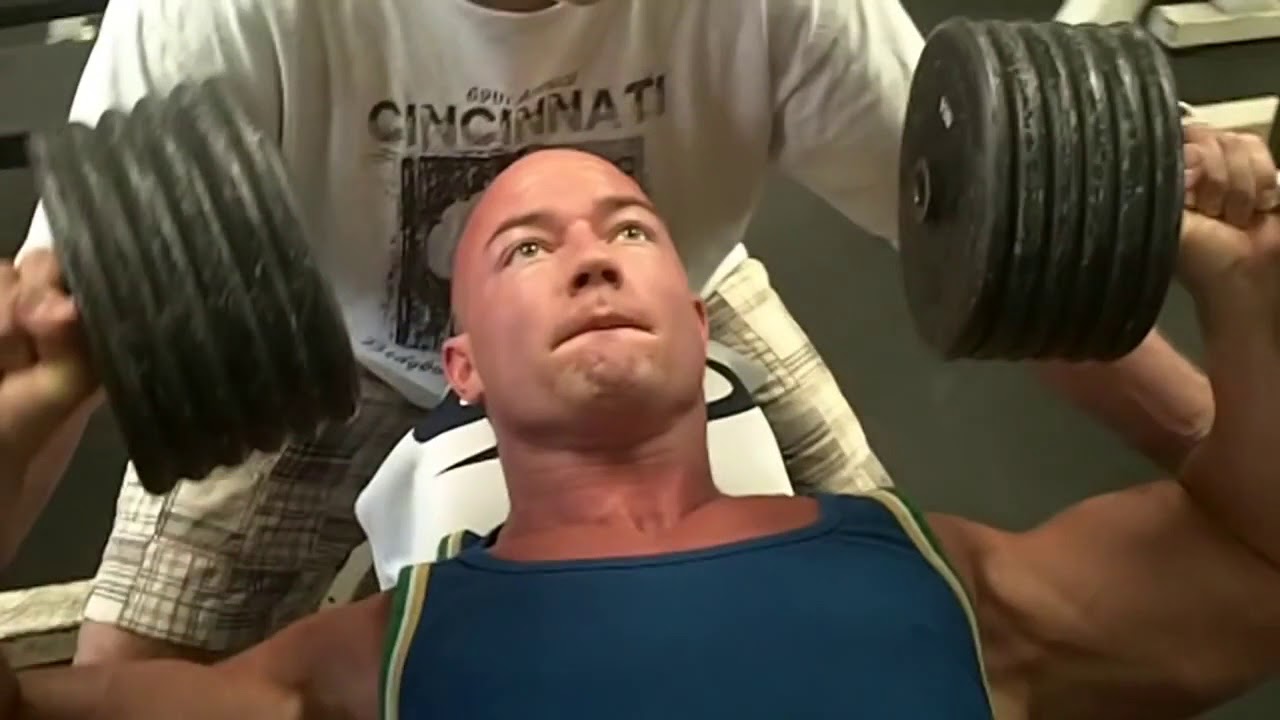Jimbo Collins WNBF pro doing incline db chest press with a spot from ...