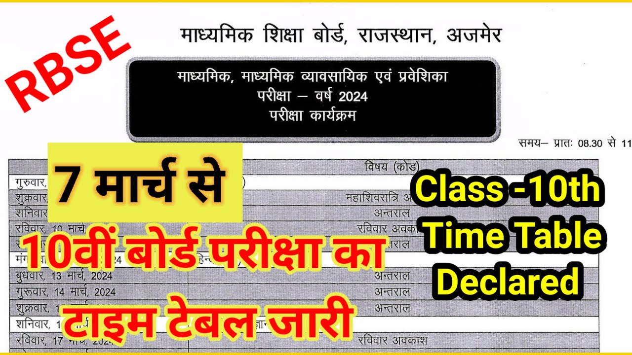RBSE कक्षा -10th Board Time Table जारी 2024 || 10th Board Time Table ...