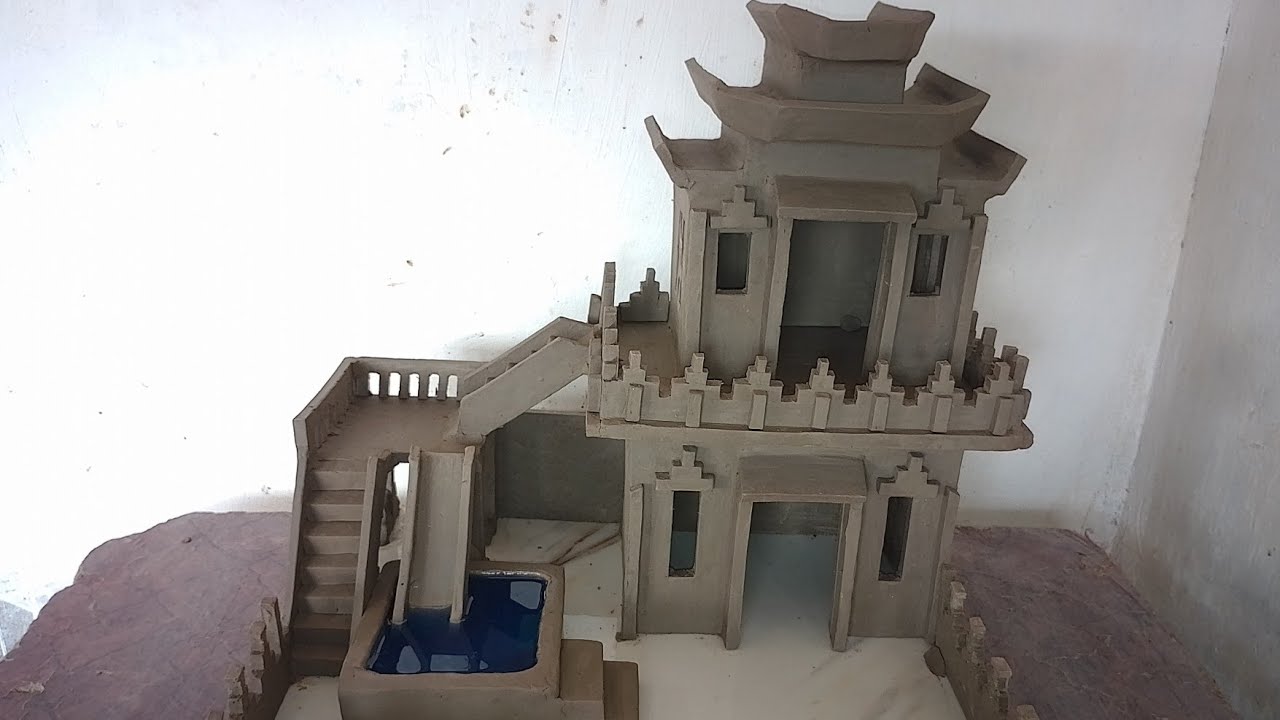 Dly miniature tiny house model building/mud house with a swimming pool ...