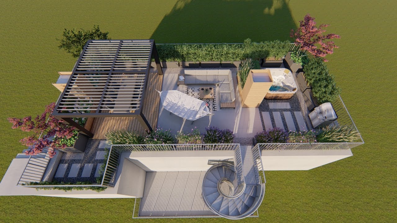 TERRACE DESIGN with Jacuzzi and Pergola / SketchUp - YouTube