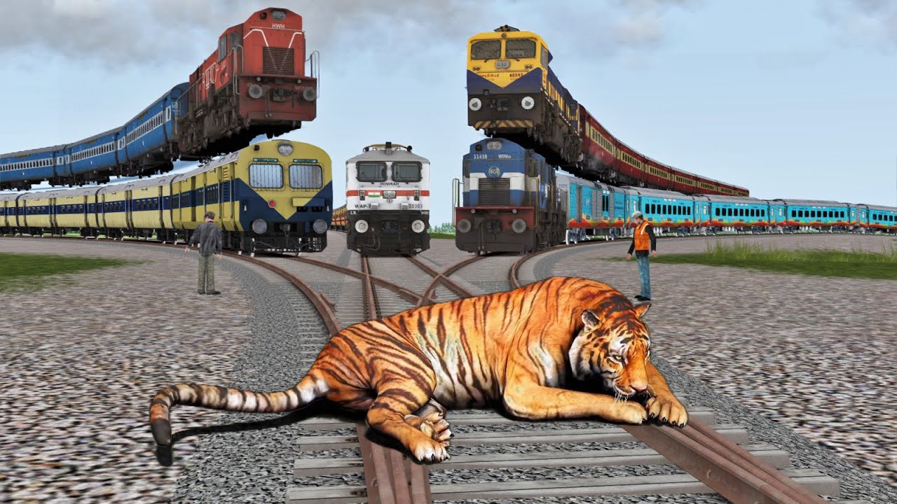GIANT TIGER VS FIVE TRAINS AND MAN | Stops the train | BeamNG.Drive ...