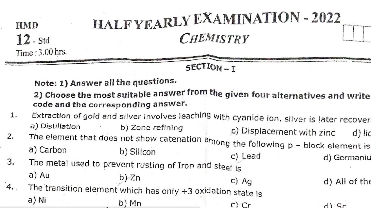 12th Chemistry half yearly question paper 2022 - YouTube