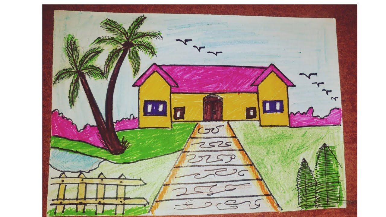 how to draw easy house scenery drawing | How to draw scenery step by ...