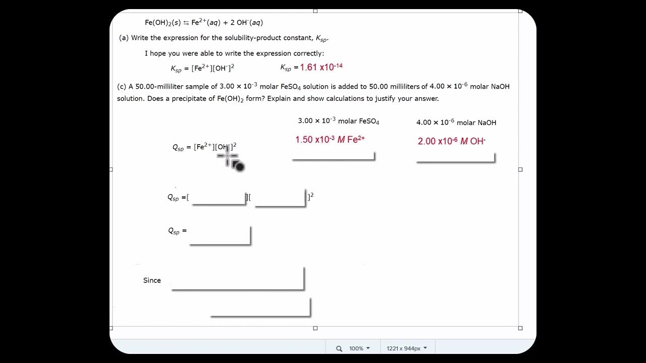 AP Chem Exam Ksp and Q FRQ Ferrous hydroxide Solubility - YouTube