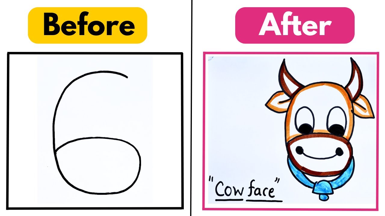 How To Draw Cow With 6 Number | Step By Step | Easy Drawing Trick With ...