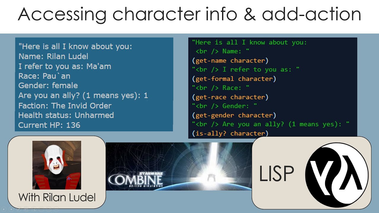 Accessing Character Info Self Character Add Action And Other Functions Swc Lisp Tutorial 6007