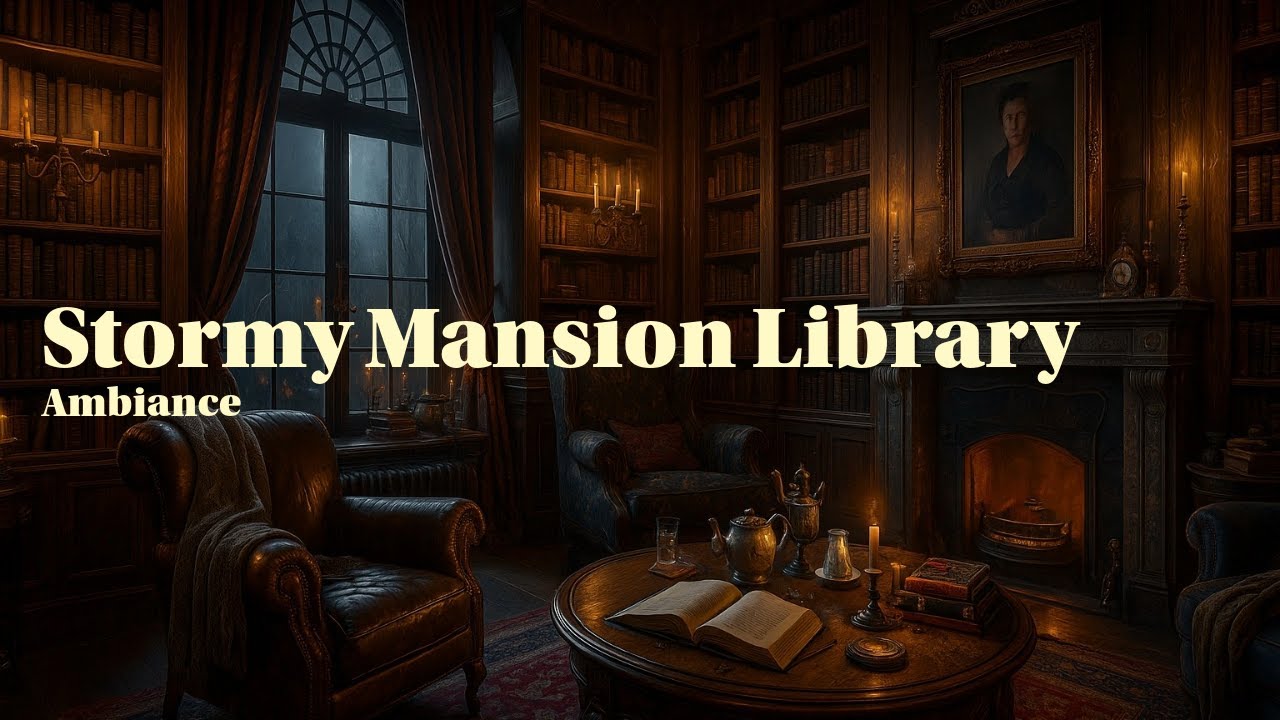 Stormy Mansion Library Ambience | Crackling Fireplace, Rain Sounds ...