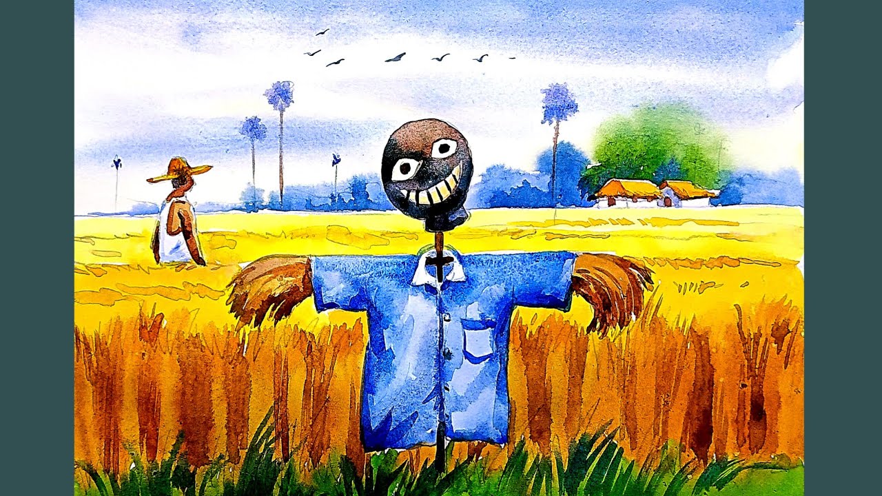 Scarecrow scenery drawing with watercolour step by step/Kaktarua ...