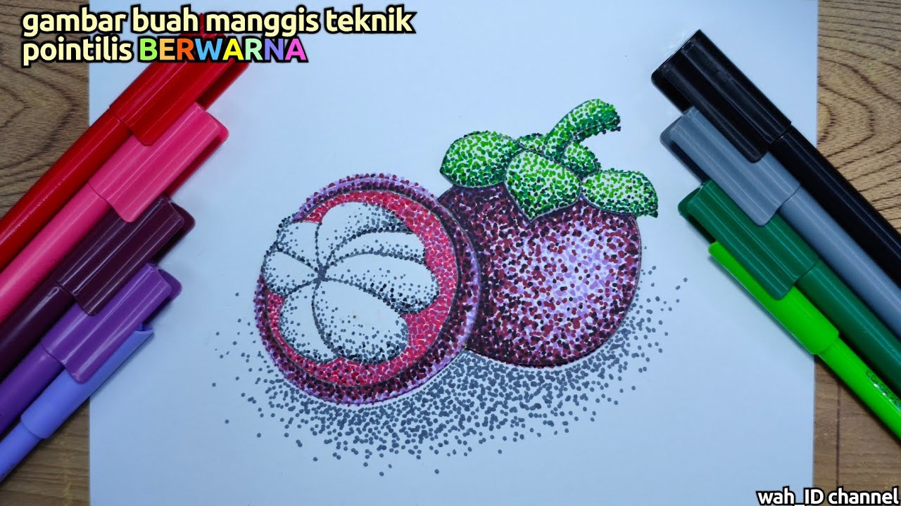 Gambar buah MANGGIS | teknik ARSIR TITIK2 menggunakan SPIDOL WARNA ...
