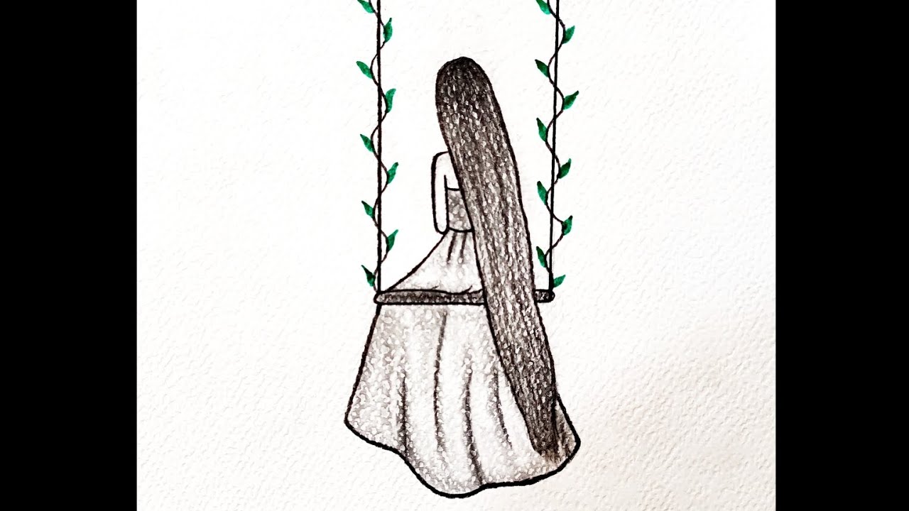 How to draw a girl sitting on a swing || Easy back side girl sketch ...