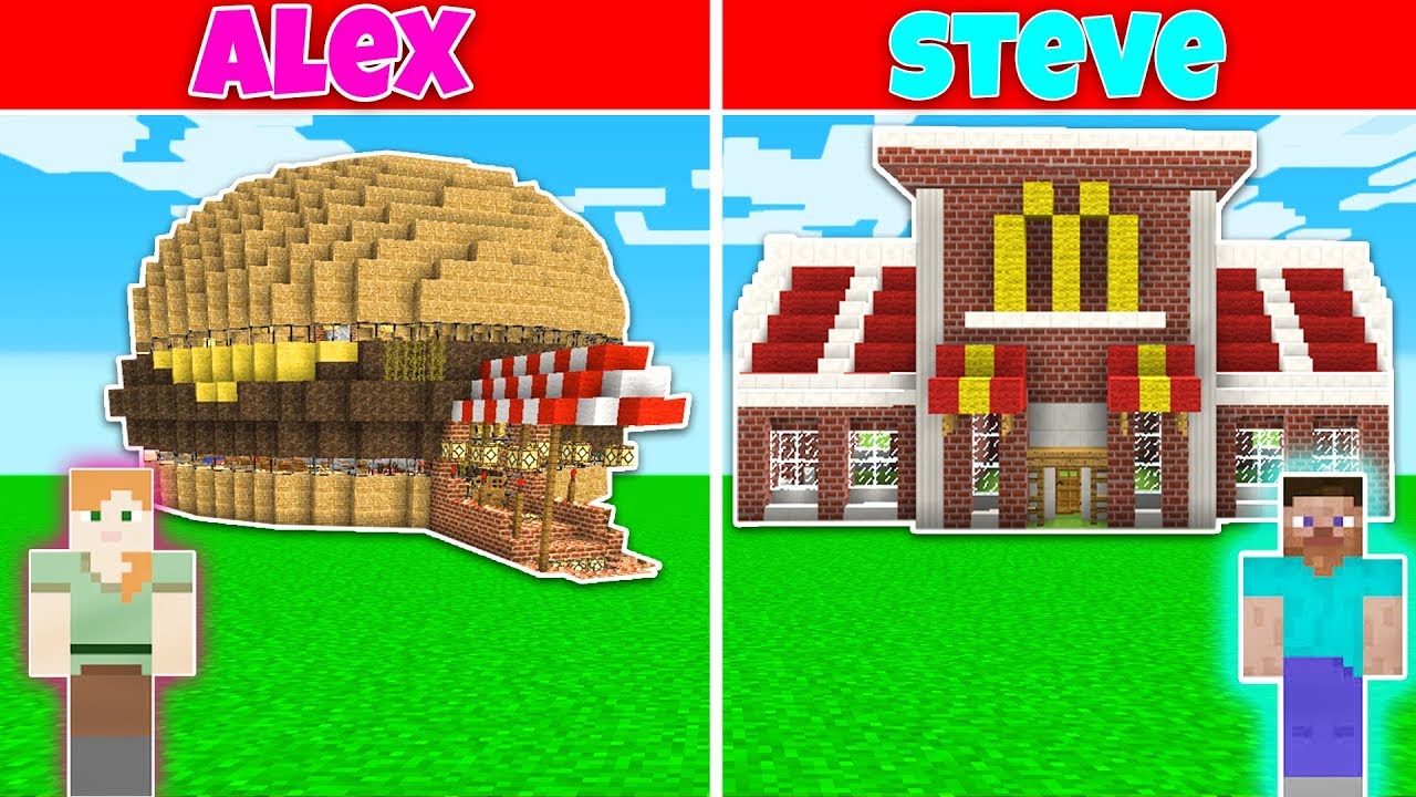 Minecraft Battle: FAST FOOD RESTAURANT BUILD CHALLENGE - ALEX vs STEVE ...