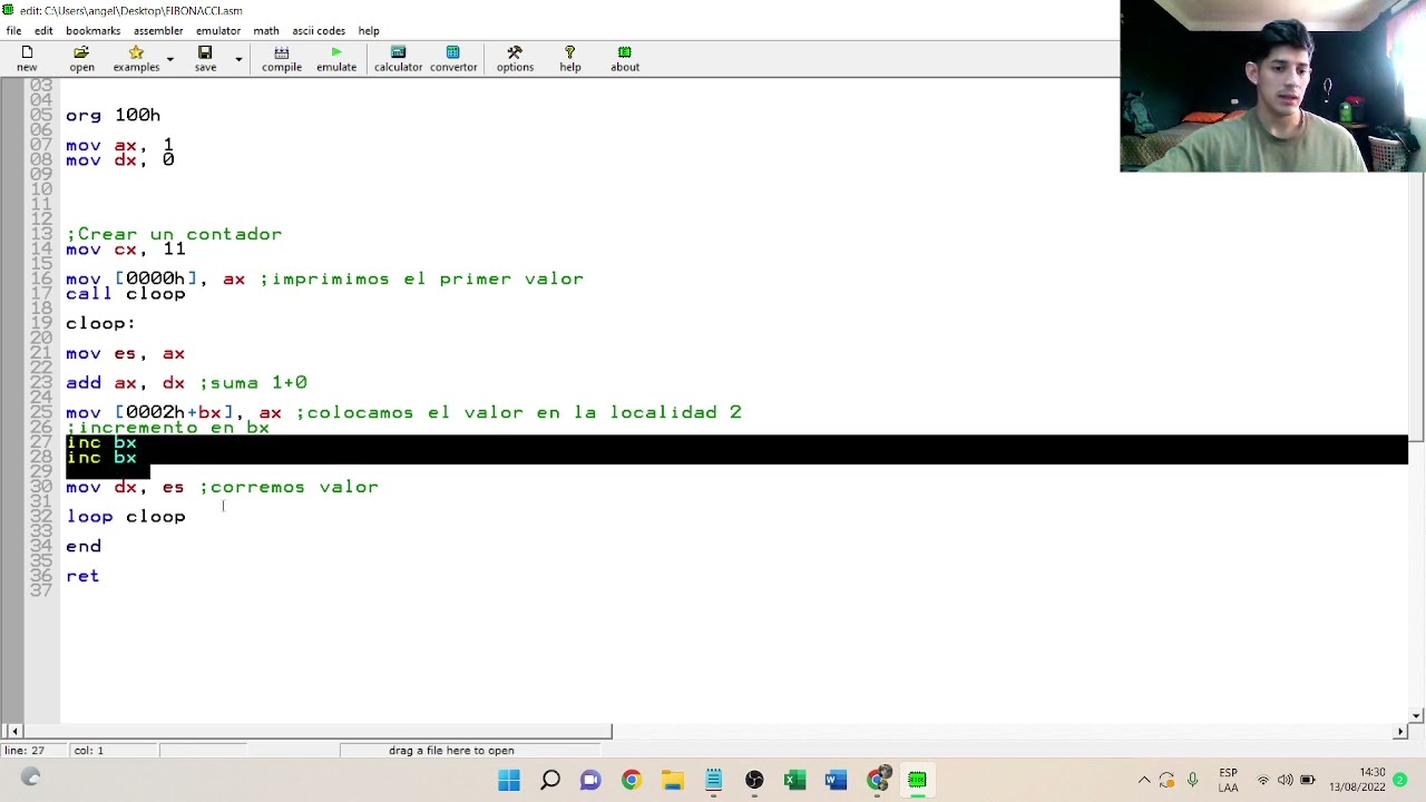 FIBONACCI emu8086 con función loop - YouTube