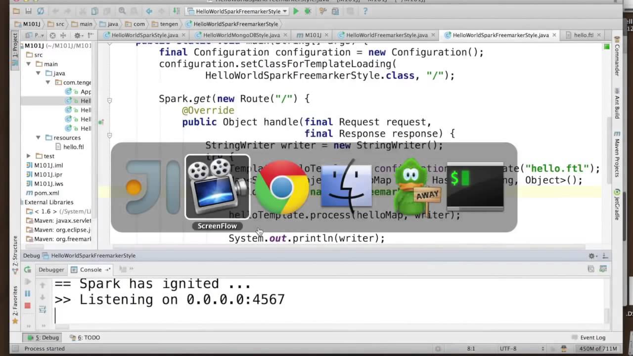 m101j 12 hello world spark freemarker style - YouTube