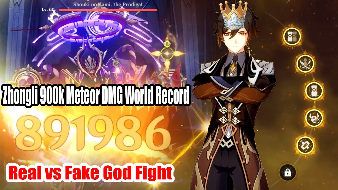 Zhongli 900k DMG Meteor World Record Oneshot Scaramouche Boss - Real vs Fake God Fight - YouTube
