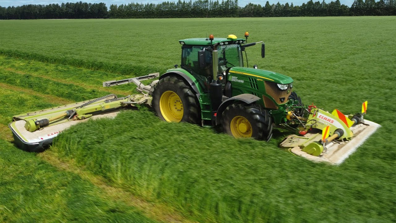 Mowing Grass | John Deere 6175R & Claas Triple Mowers - YouTube