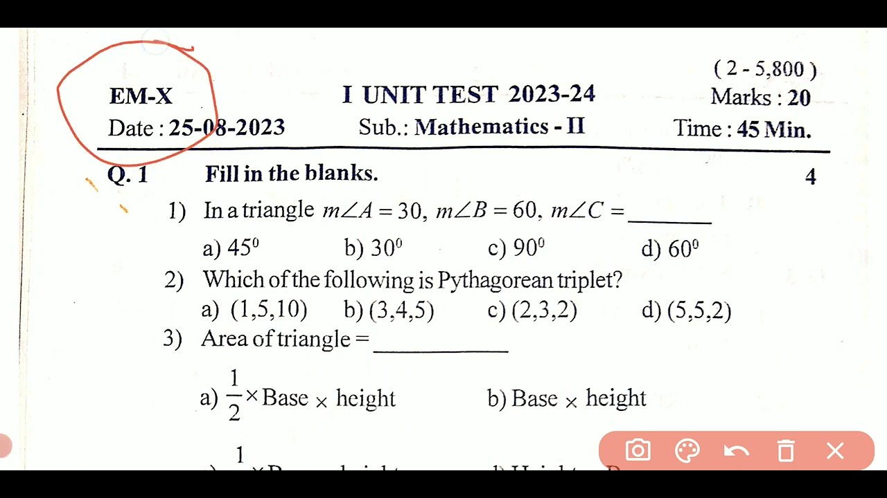 Std. 10 Mathematics. 2 (Unit Test 1) Question Paper Maharashtra Board ...