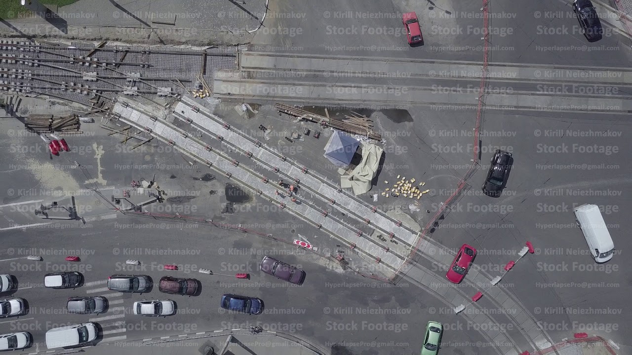 Road reconstruction with tram rails intersection, construction site ...