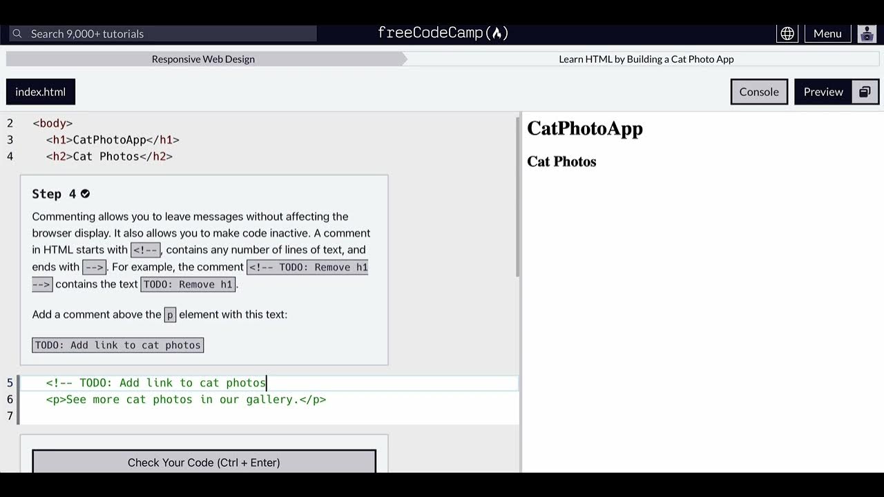 FreeCodeCamp - Responsive Web Design - Step 4 of 71 - Learn HTML by Building a Cat Photo App ...