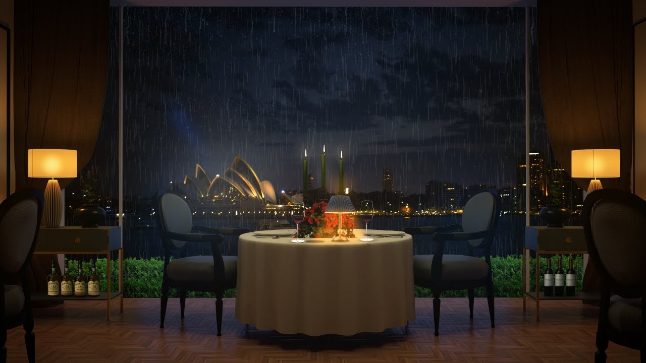 Cozy Restaurant ambience - Relaxing Jazz music, Rain, City Lights ...