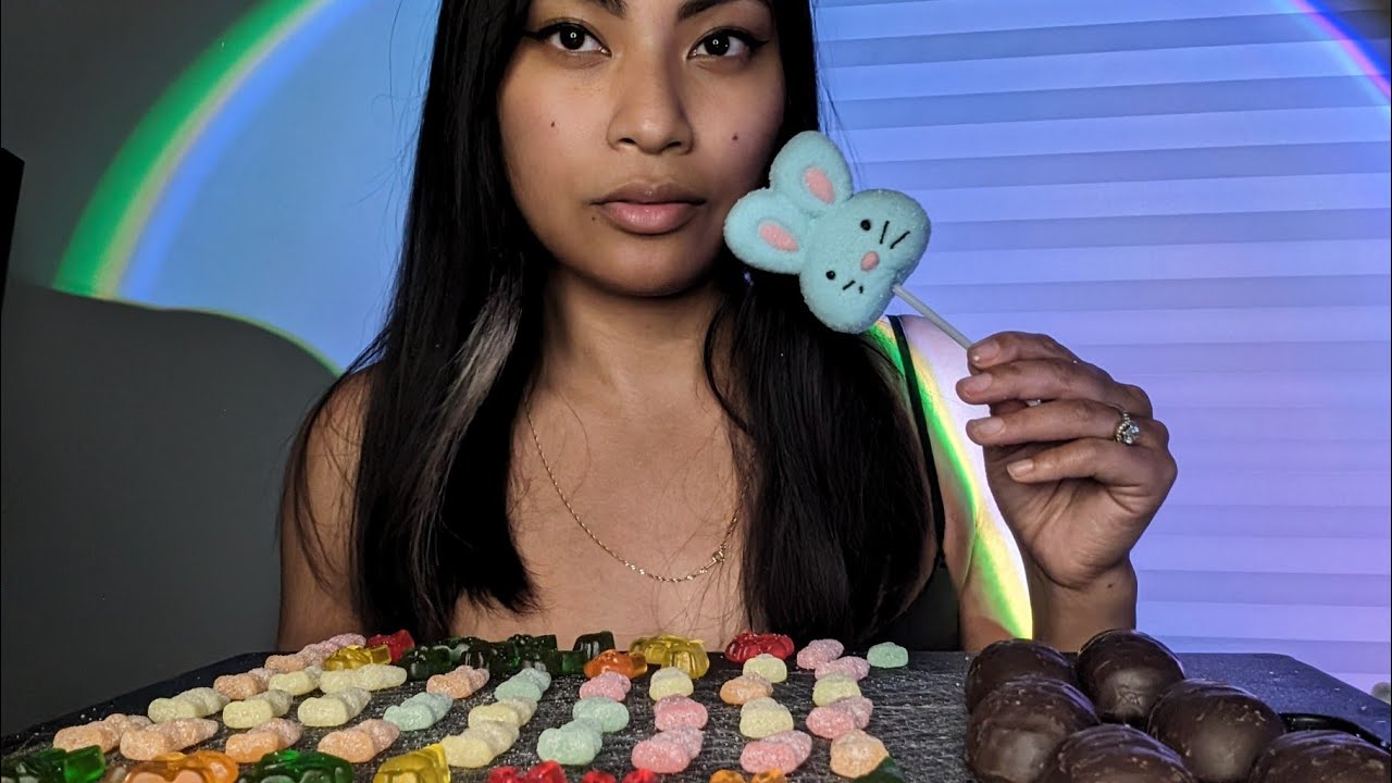 ASMR Eating Sour Patch Gummies, Haribo Bunny Gummies , Marshmallow Eggs ...