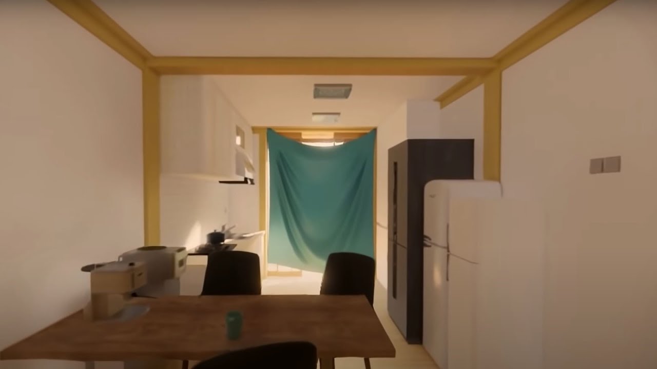 Stray Kids' dorm tour rendering, but chan hasn't fixed the curtain ...