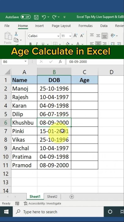Age Calculate in Excel | excel Tech #excelagecalucute #exceltech - YouTube