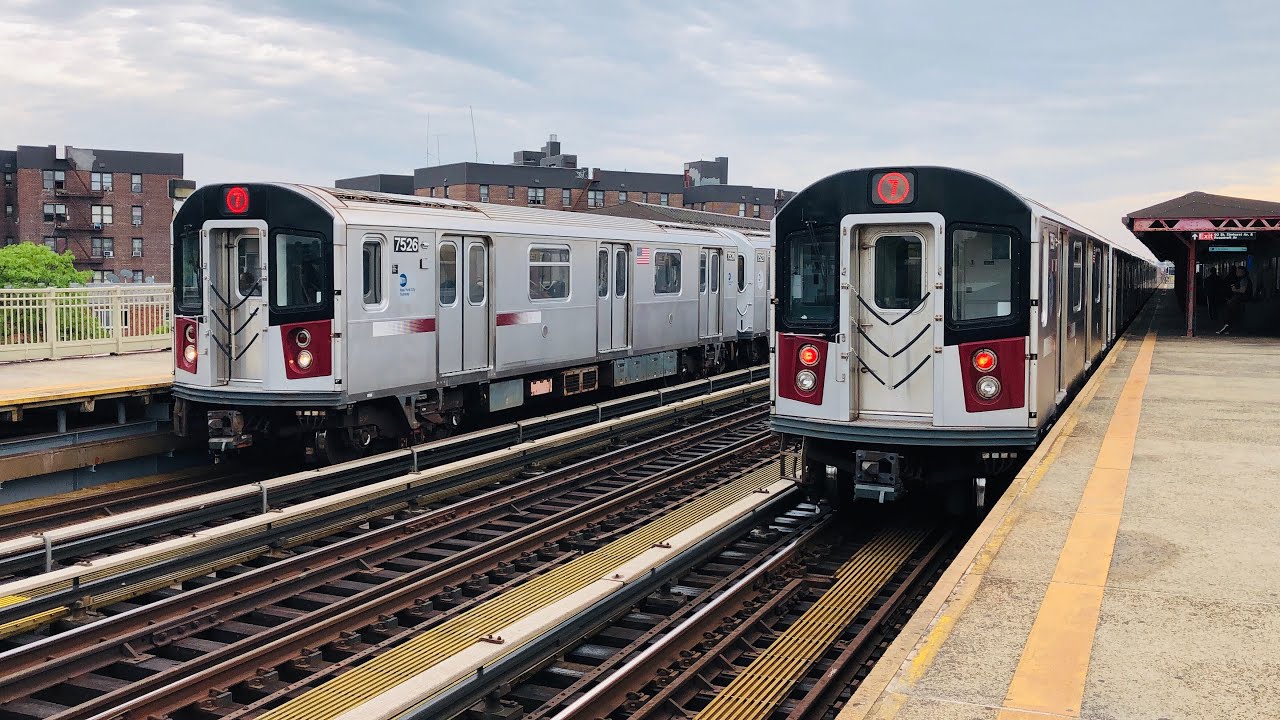 IRT FLUSHING LINE | R188 7 Local and express train PM rush hour action ...