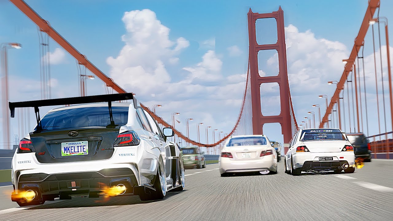 Intense Cut Up on Golden Gate Bridge: Subaru STi vs Mitsubishi EVO ...