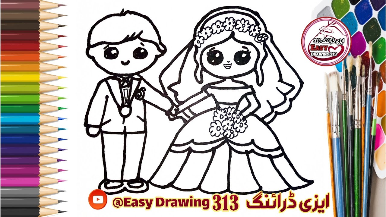 how to draw bride and groom for kids|bride and groom drawing easy with ...