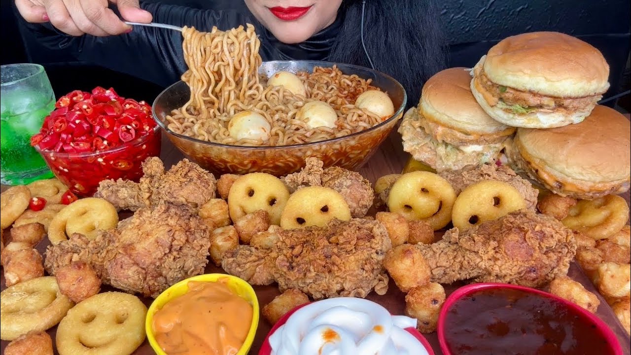 ASMR EATING SPICY NOODLES,FRIED CHICKEN,POTATO SMILEYS,CHICKEN BURGER ...