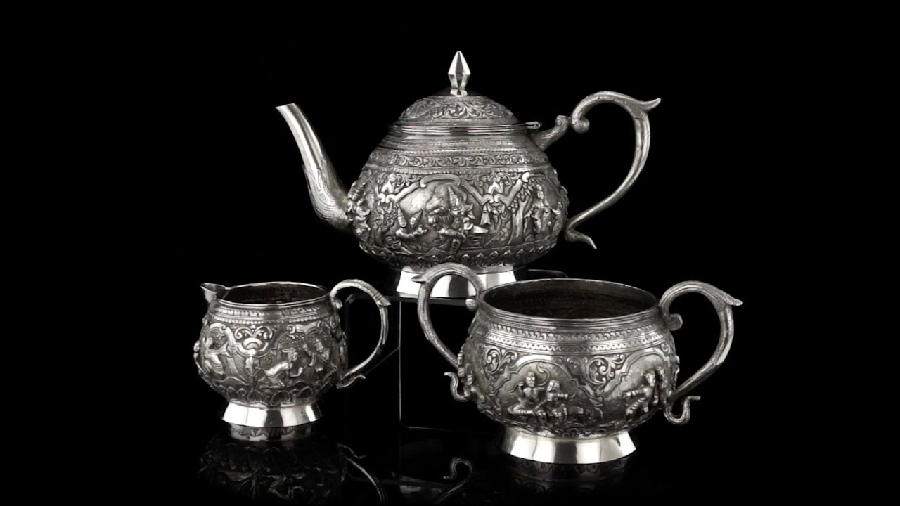 ANTIQUE 20THC BURMESE SOLID SILVER DECORATIVE 3 PIECE TEA SET C.1900 ...