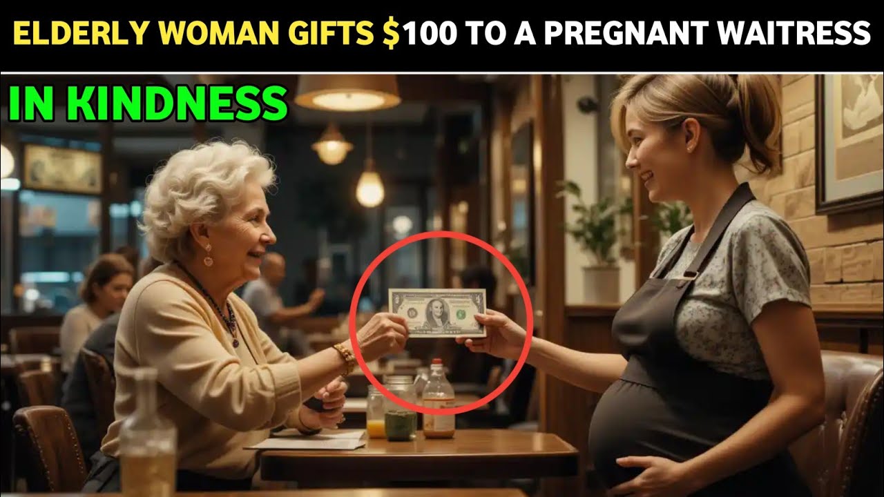 An elderly woman generously tip a pregnant waitress $100, offering ...