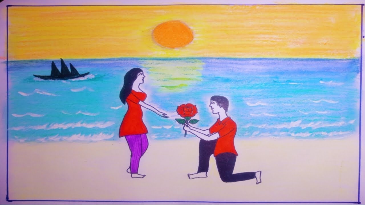 Pencil Sketch - Romantic Propose Scenery || Sunset Sea Beach couple ...