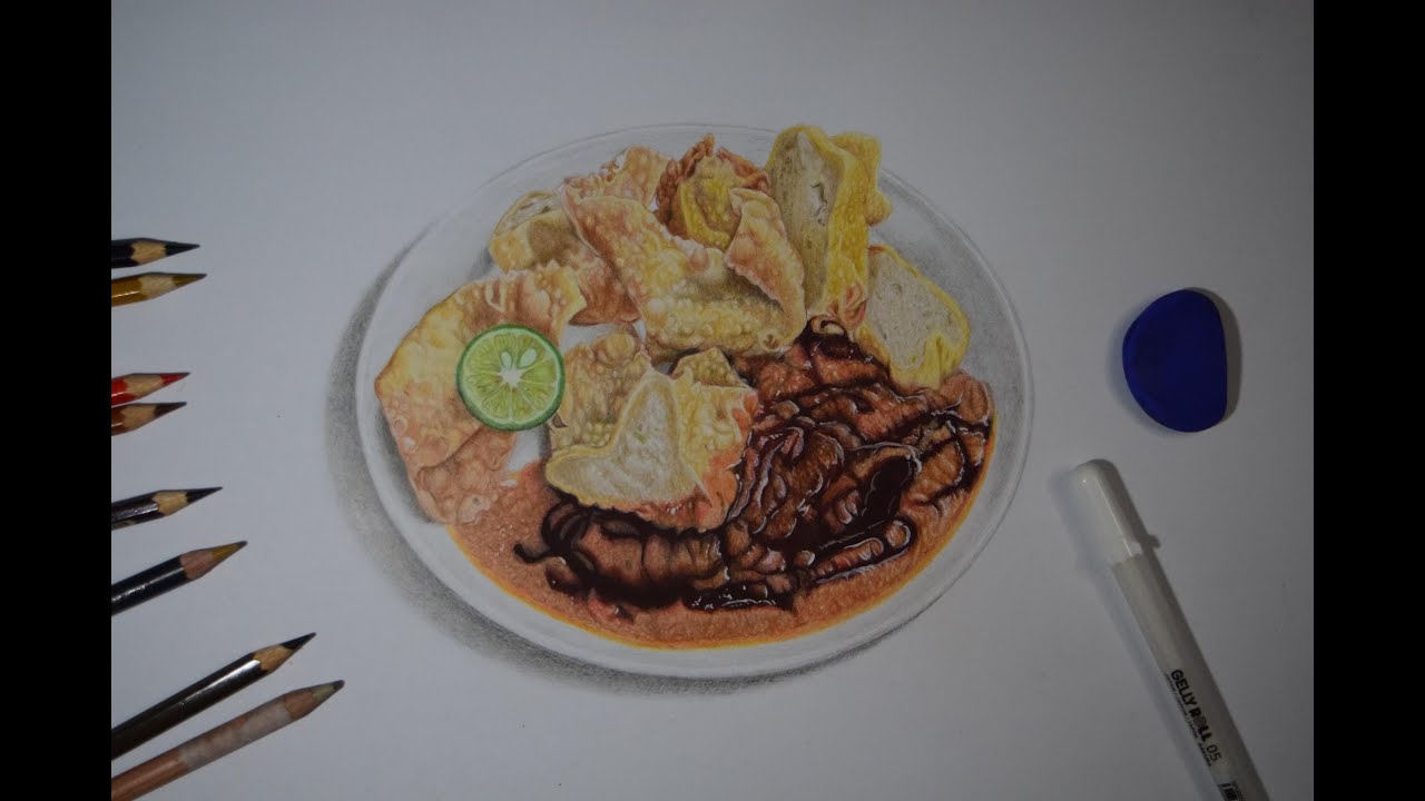Menggambar Batagor dengan pencil warna - Drawing Indonesian food with ...