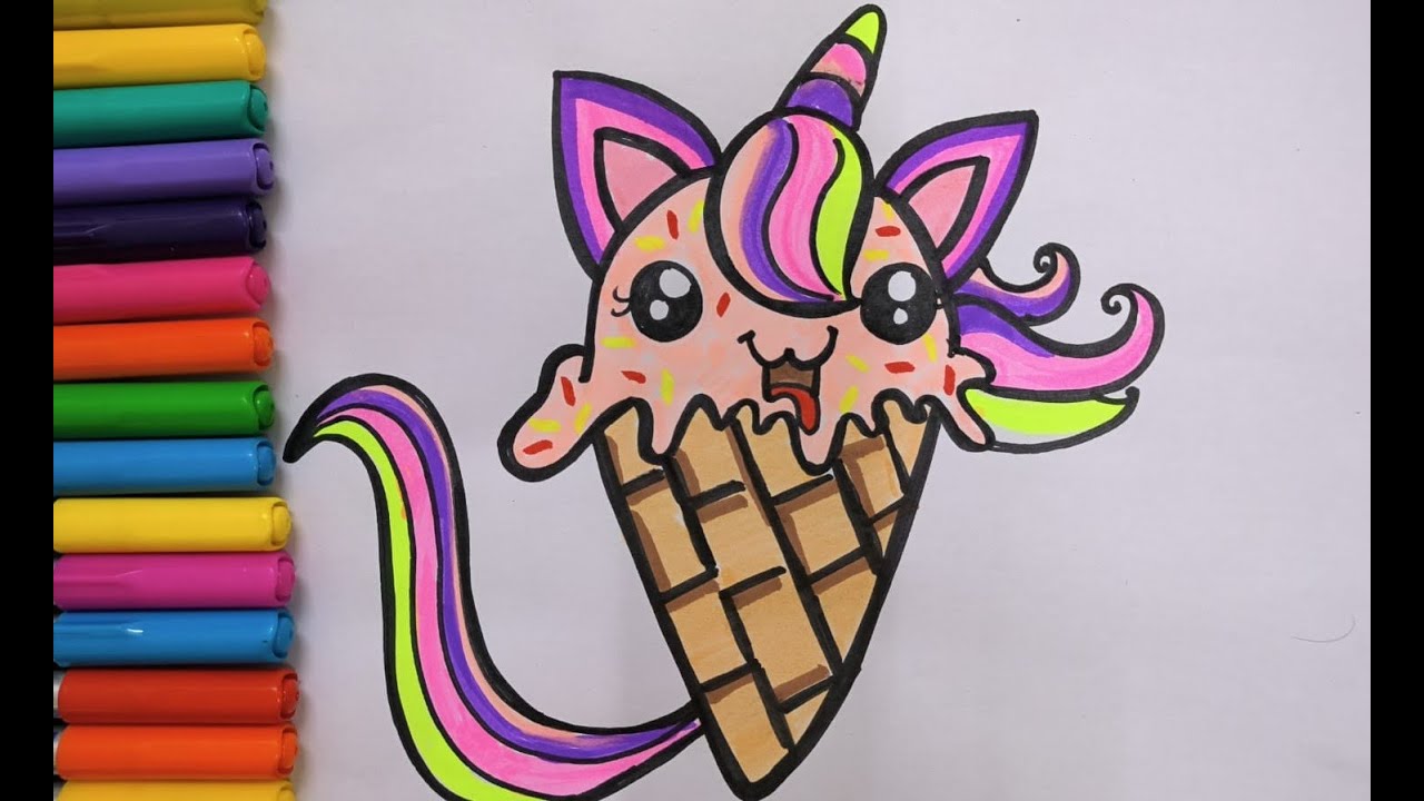Magical Ice Cream Cone Unicorn Drawing and Coloring Tutorial for Kids ...