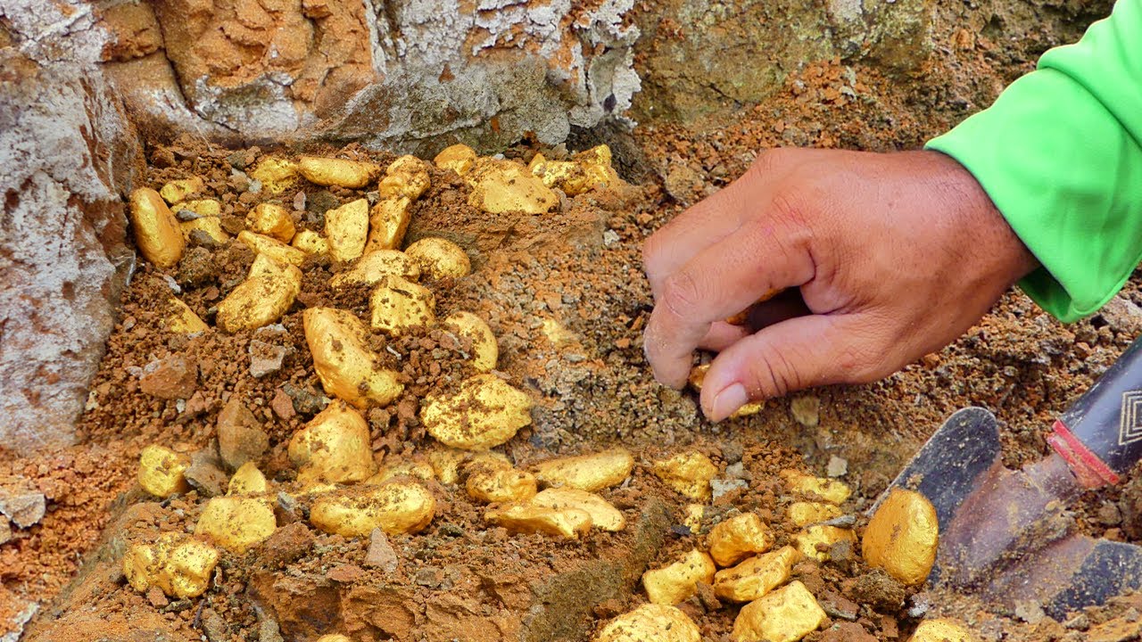Digging Gold under Stone - found so many gold piece on top of mountain ...