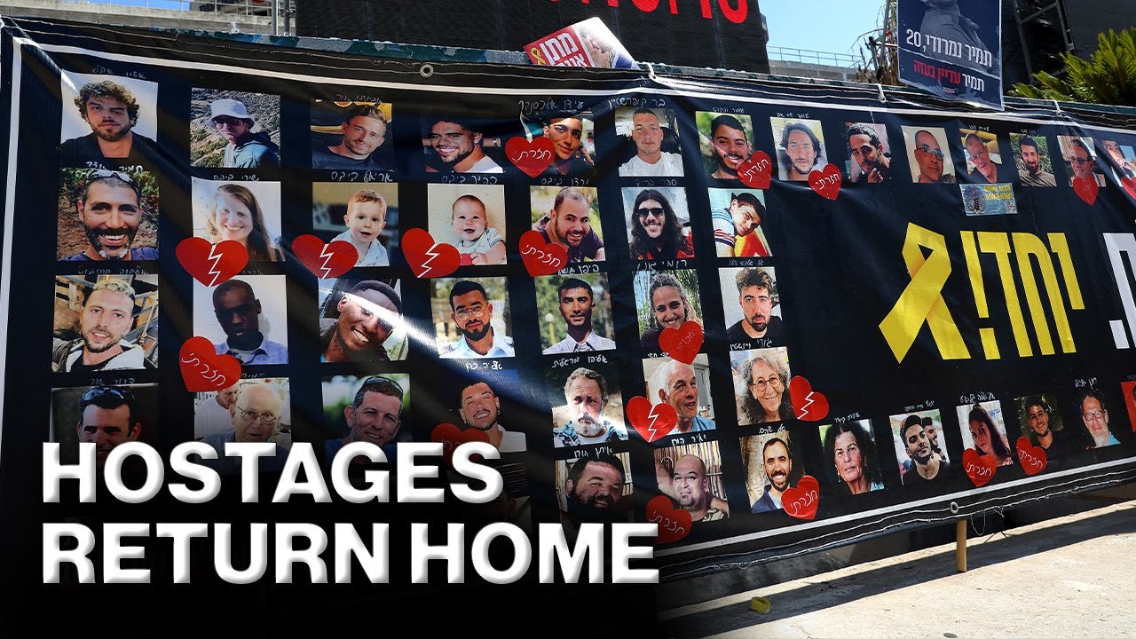 Freed Israeli hostages arrive at Reim military base: Full Event - YouTube