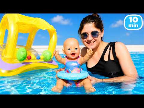 Güneş kremi sürüp havuza giriyoruz | Ayşe ve bebek Gül havuzda eğleniyor