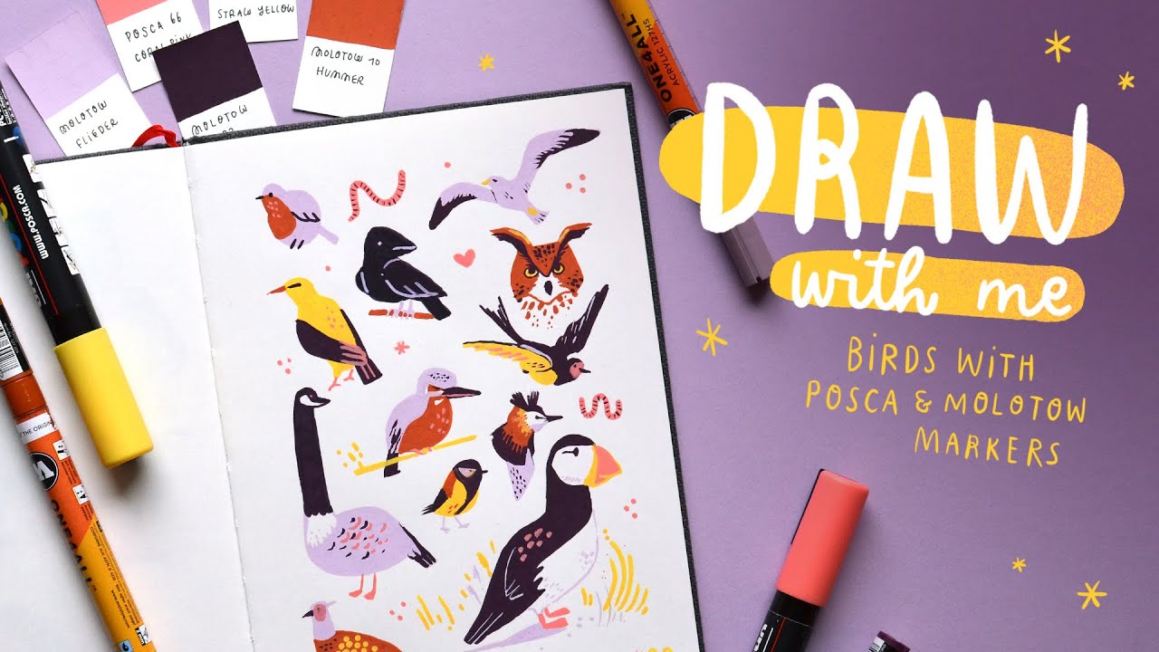 DRAW WITH ME • Birds with Posca and Molotow markers - YouTube