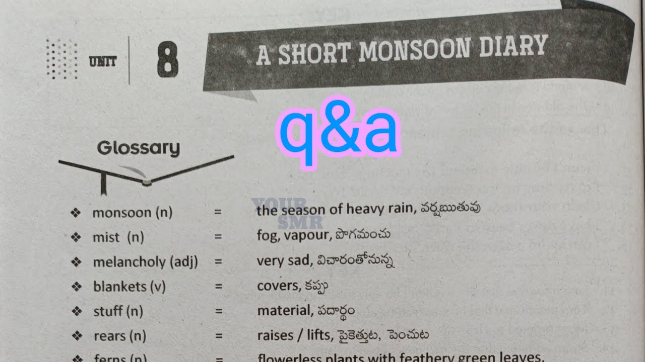 8th class English (unit -8) a short monsoon diary question and answers ...