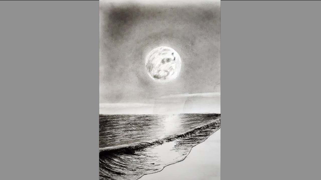 How to draw moonlight beach easily using Charcoal Pencil | art video ...