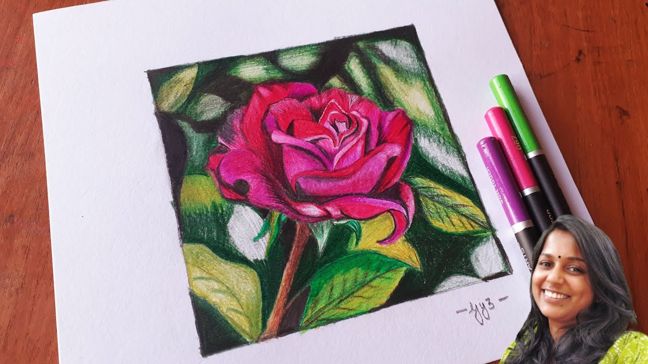 Realistic Rose Drawing / Beautiful Pink Rose Drawing / Flower drawing ...