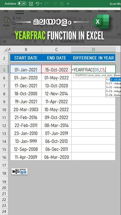 How to use the Excel YEARFRAC function | Excel tips and tricks | Excel Malayalam | - YouTube