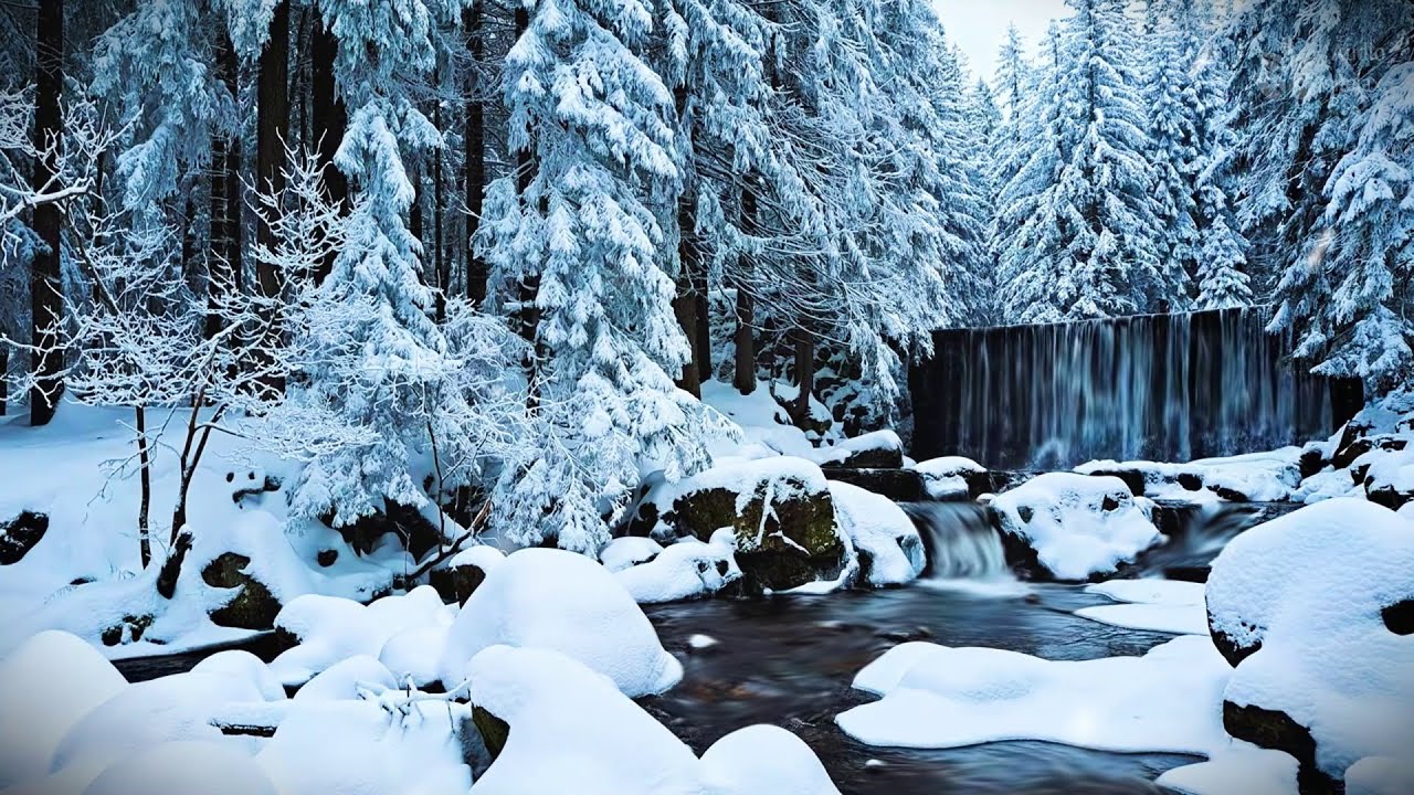 10 Hours of Winter Waterfall Sounds | Snowy Forest & Black River ...