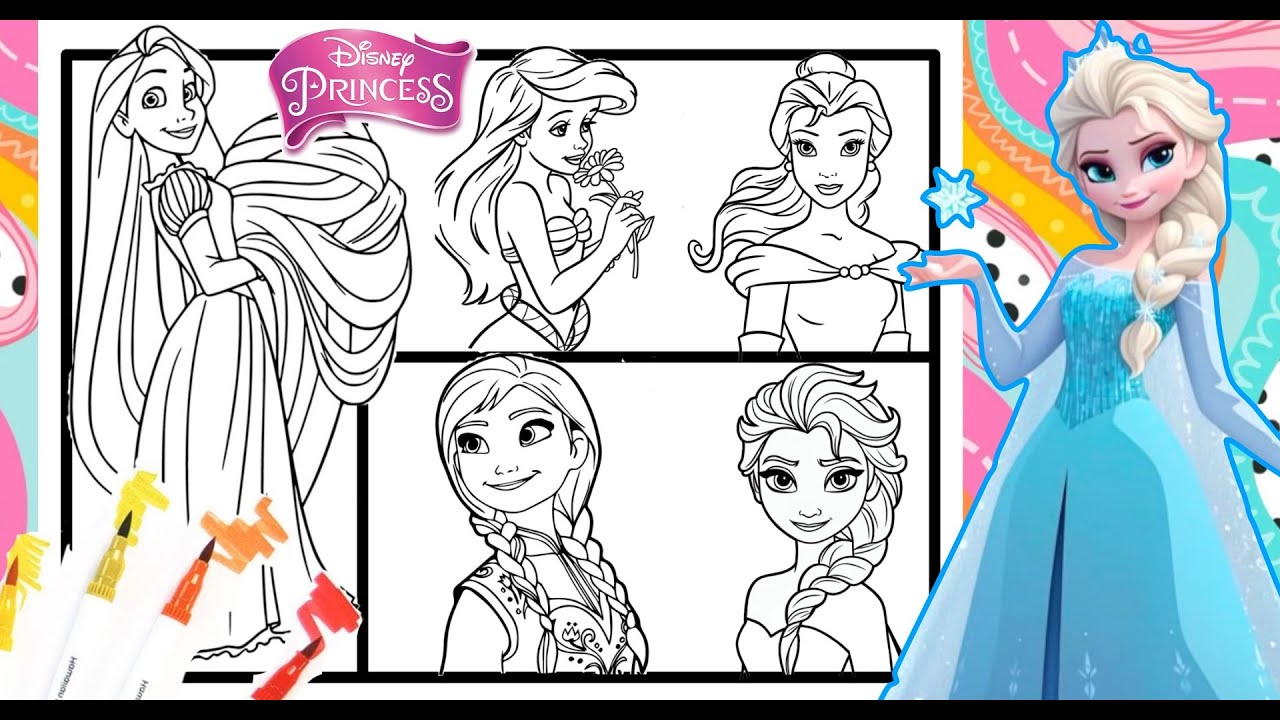 Coloring Disney PRINCESSES Together - ANNA ELSA ARIEL BELLE RAPUNZEL ...